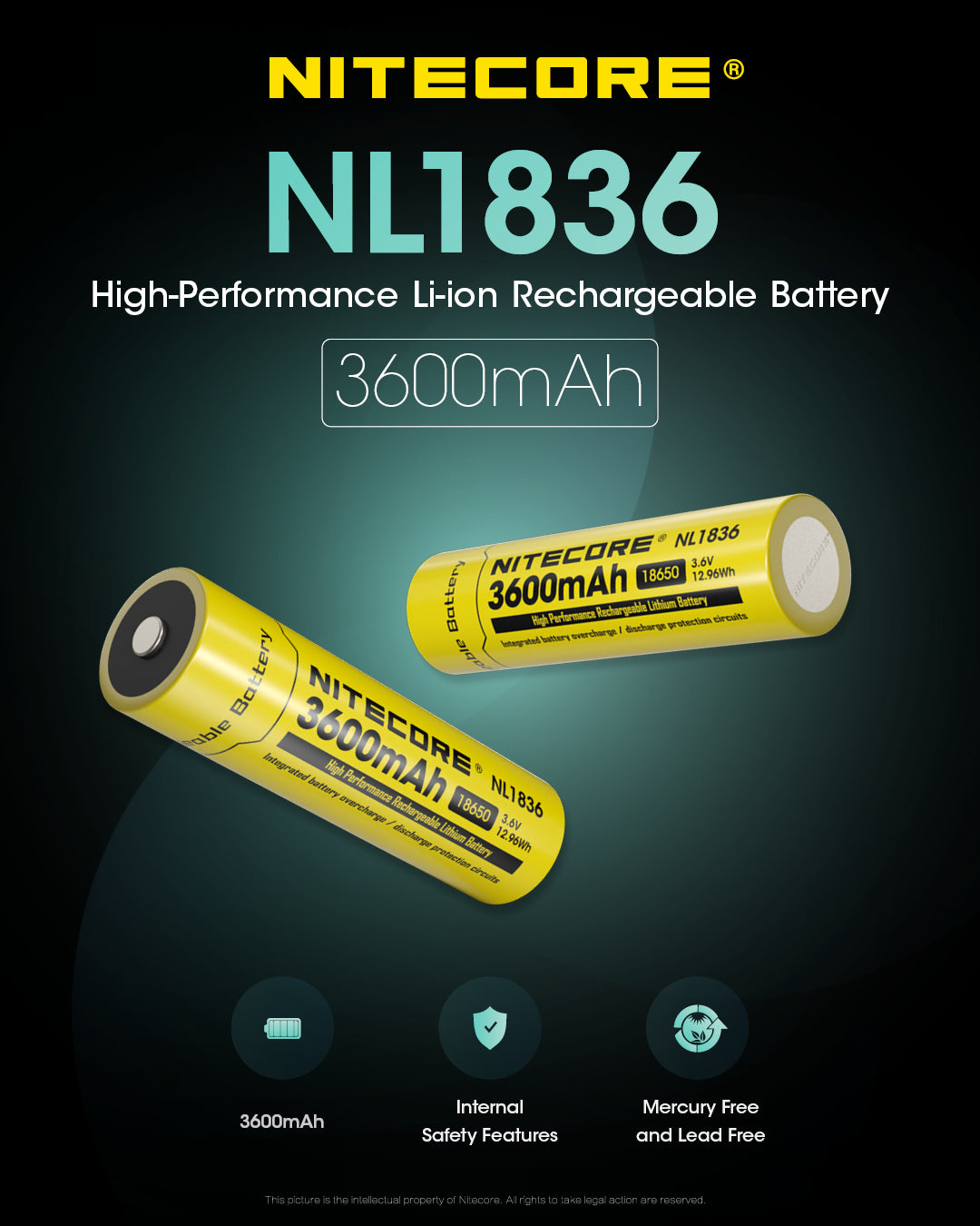 Nitecore NL1836 18650 3600mAh 3.6V Protected Lithium Ion (Li-ion) Butt