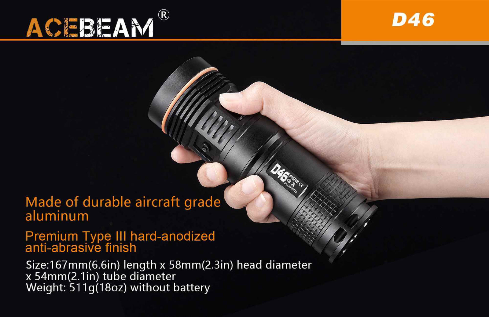 Acebeam D46 Dive light - 5200 lumens with 4 x Eagtac 18650 3400 mAh ba